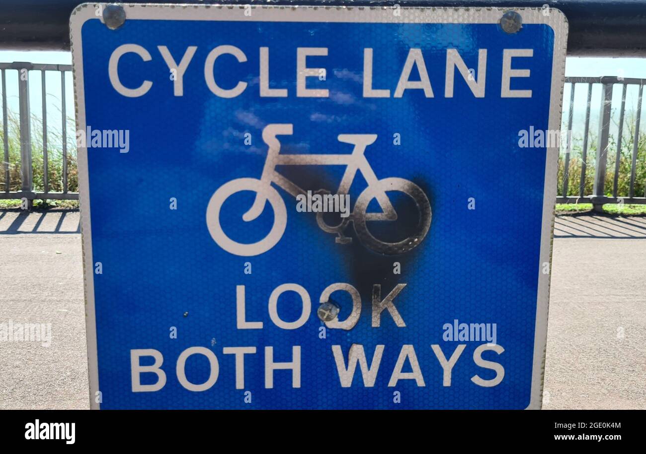 A blue sign with the icon of a bicycle and "cycle lane, look both ways ...