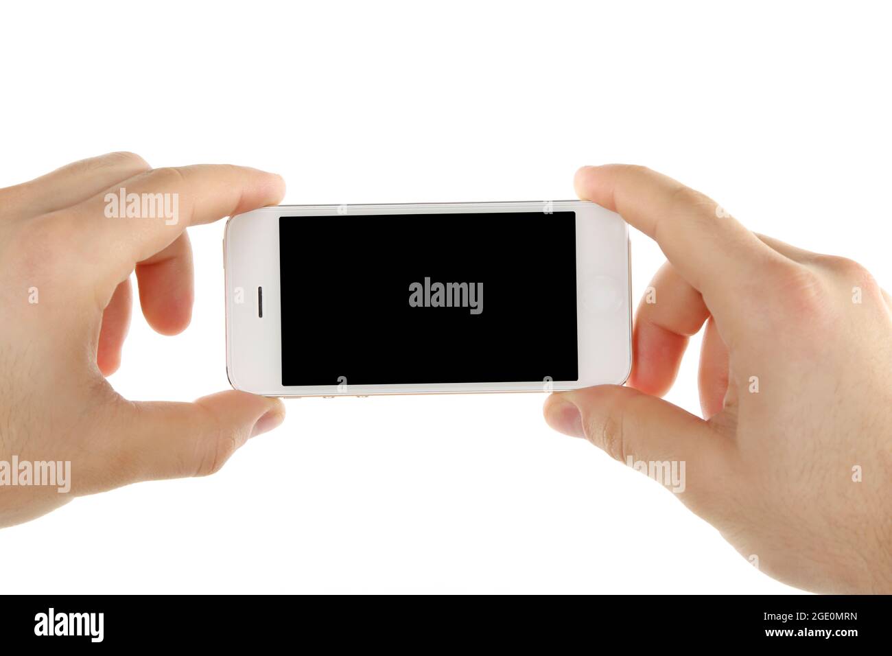 Hands holding mobile smart phone isolated on white Stock Photo - Alamy