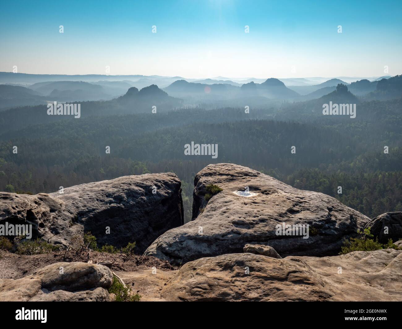 End of the rocky edge. Fantastic sunrise on the top of the rocky ...