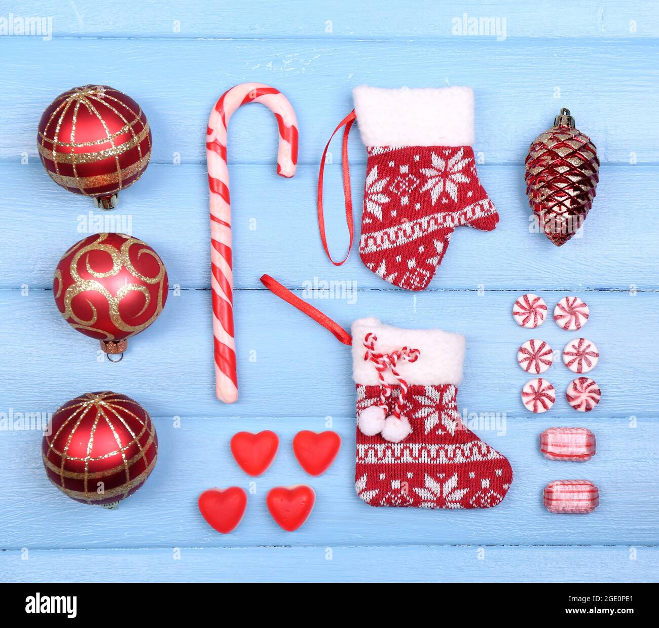 Collection of Christmas objects on color wooden background Stock Photo ...