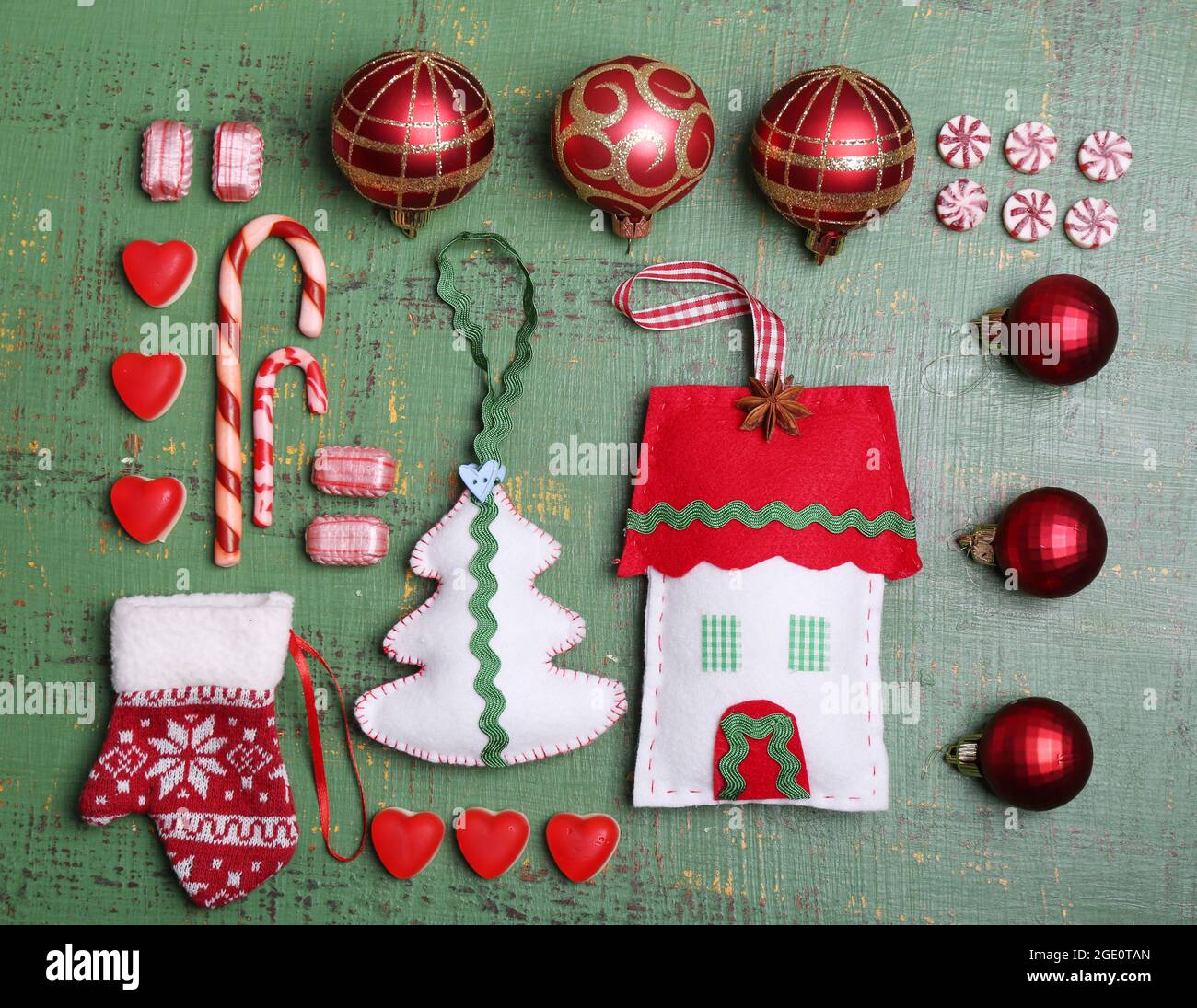 Collection of Christmas objects on color wooden background Stock Photo ...