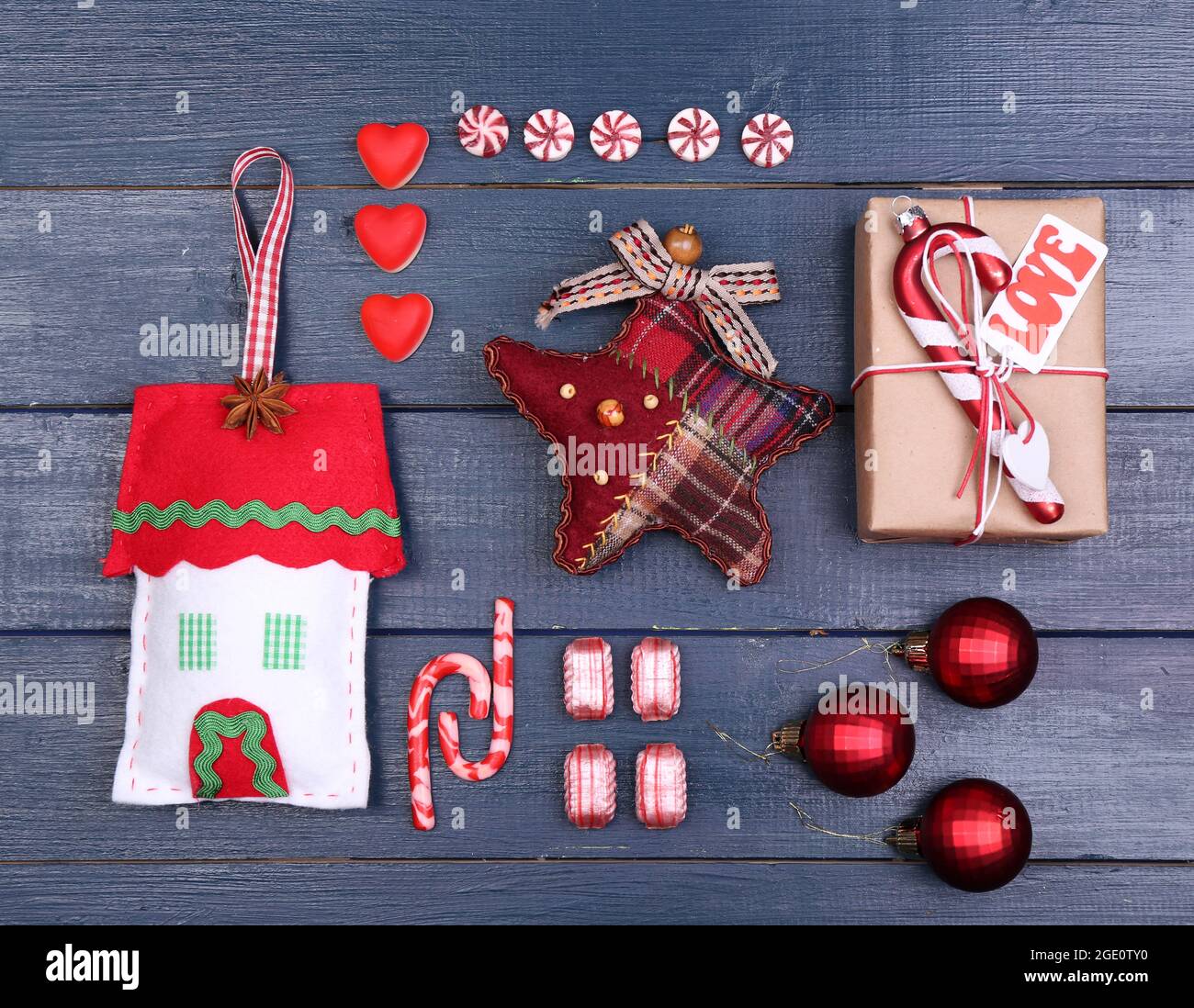 Collection of Christmas objects on color wooden background Stock Photo ...
