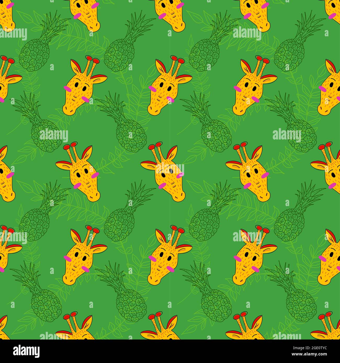 Vector seamless pattern with giraffes, pineapples and palm leaves ...