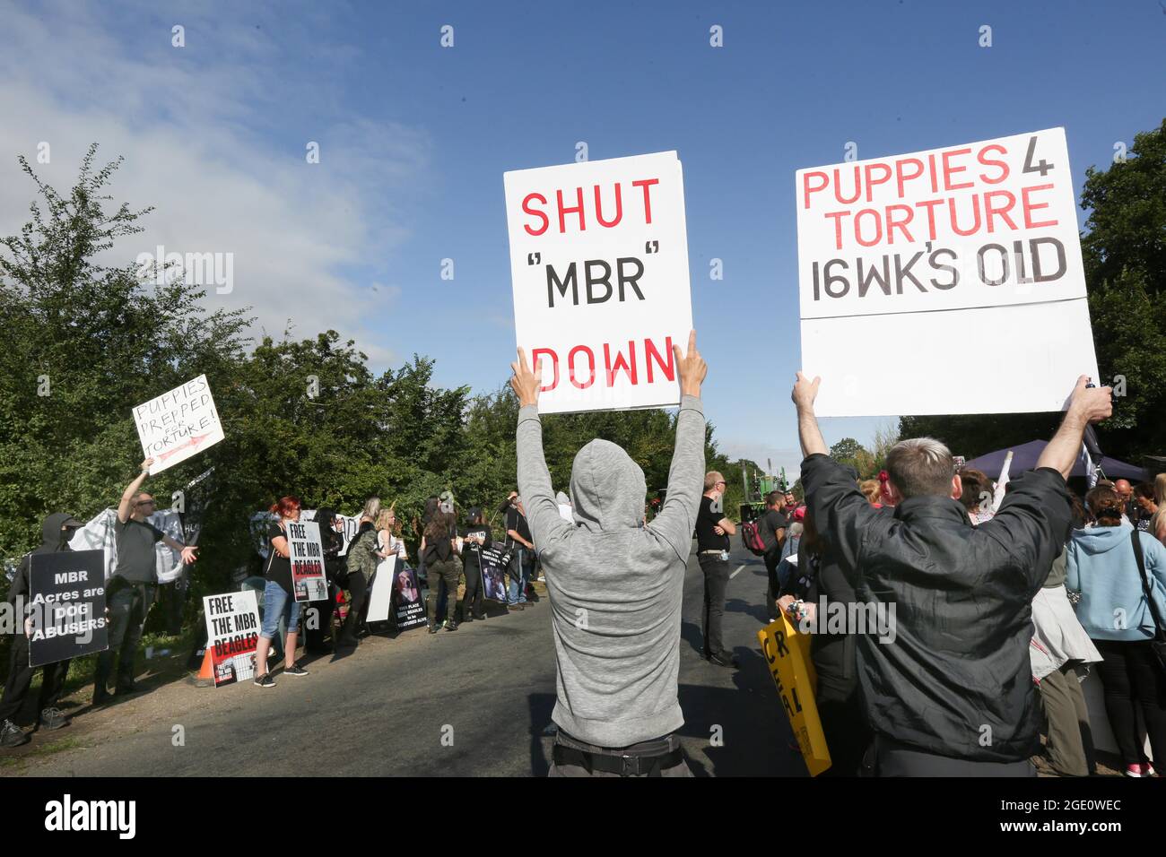 Huntingdon, UK. 15th Aug, 2021. Protesters hold up signs during the ...