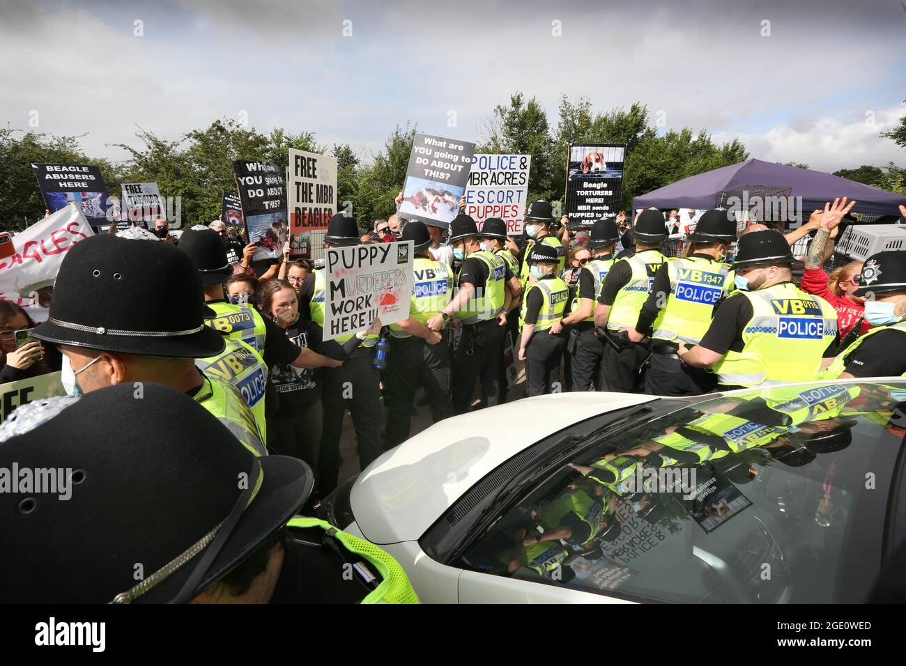 Huntingdon, UK. 15th Aug, 2021. Protesters hold placards ad block the ...