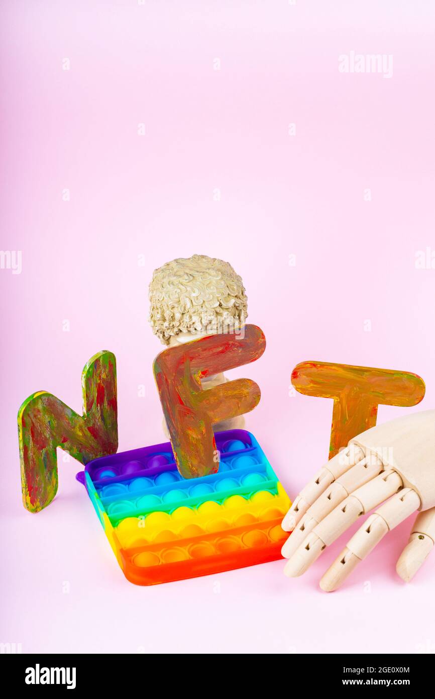 NFT Non-Fungible token. Concept for blockchain system. Classical statue ...