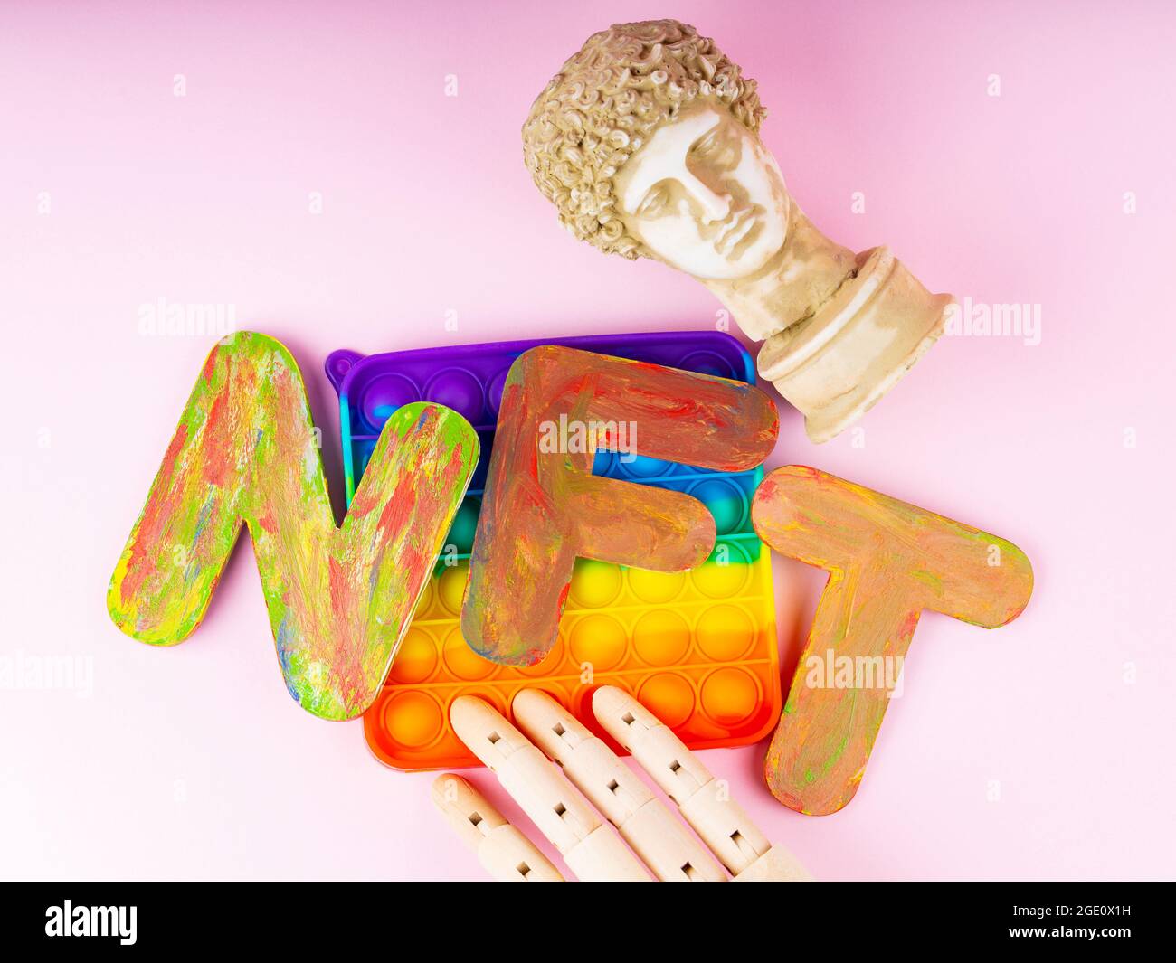 NFT Non-Fungible token. Concept for blockchain system. Classical statue ...