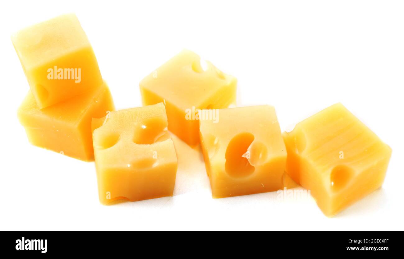 Cubes of cheese isolated on white background Stock Photo - Alamy