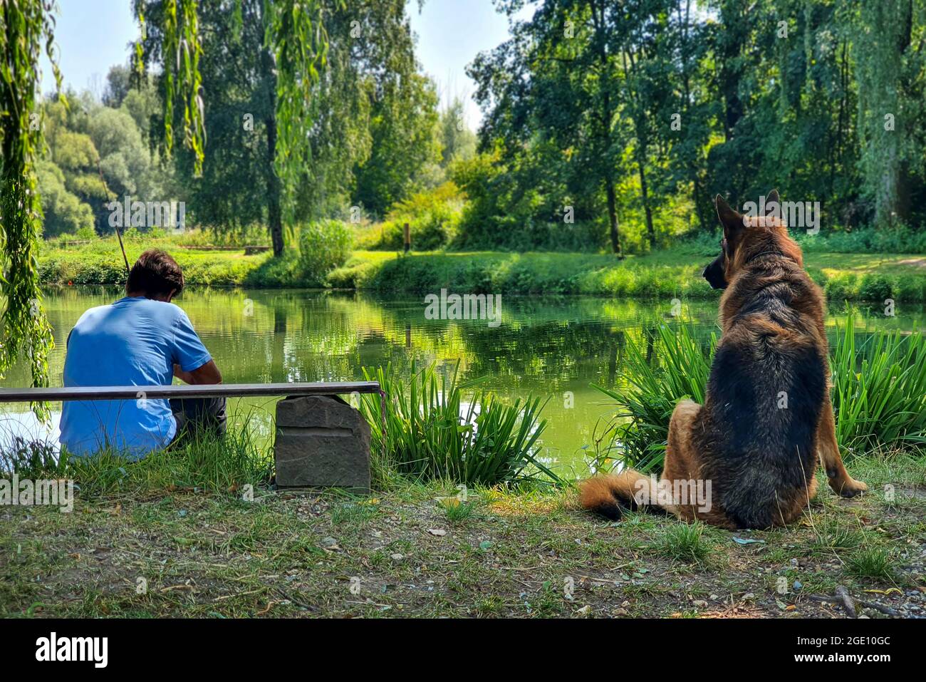 The dog and the owner fishing , lake , German shepherd Stock Photo - Alamy