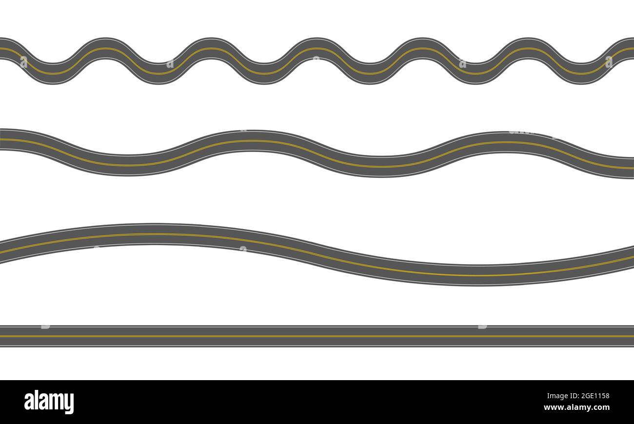 Empty straight and winding asphalt roads with marking. Set of seamless ...