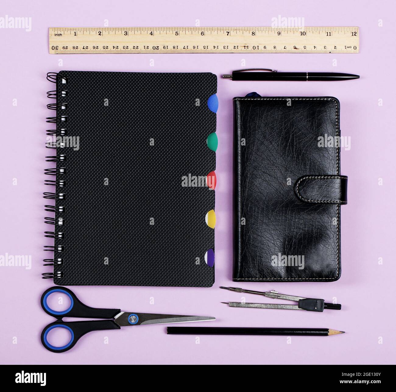 Different stationery on COLOR background Stock Photo - Alamy