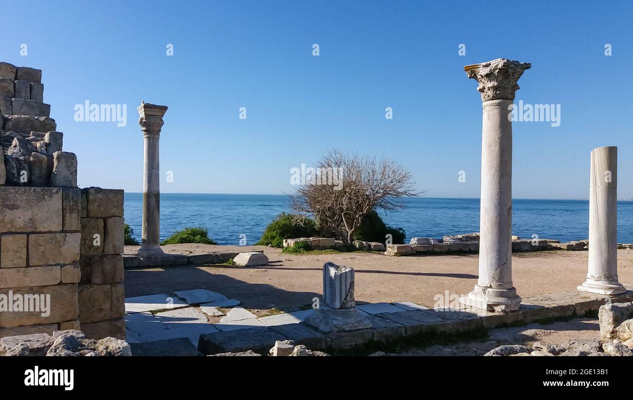 Ancient Doric columns on the seashore in Crimea, Tauric Chersonesos ...