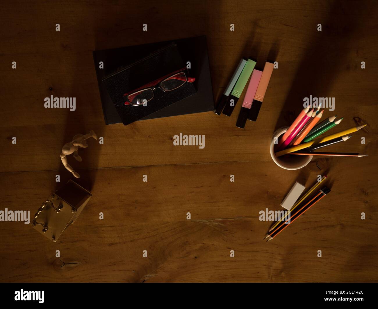 overhead view desk with room for copy space in vintage style Stock ...