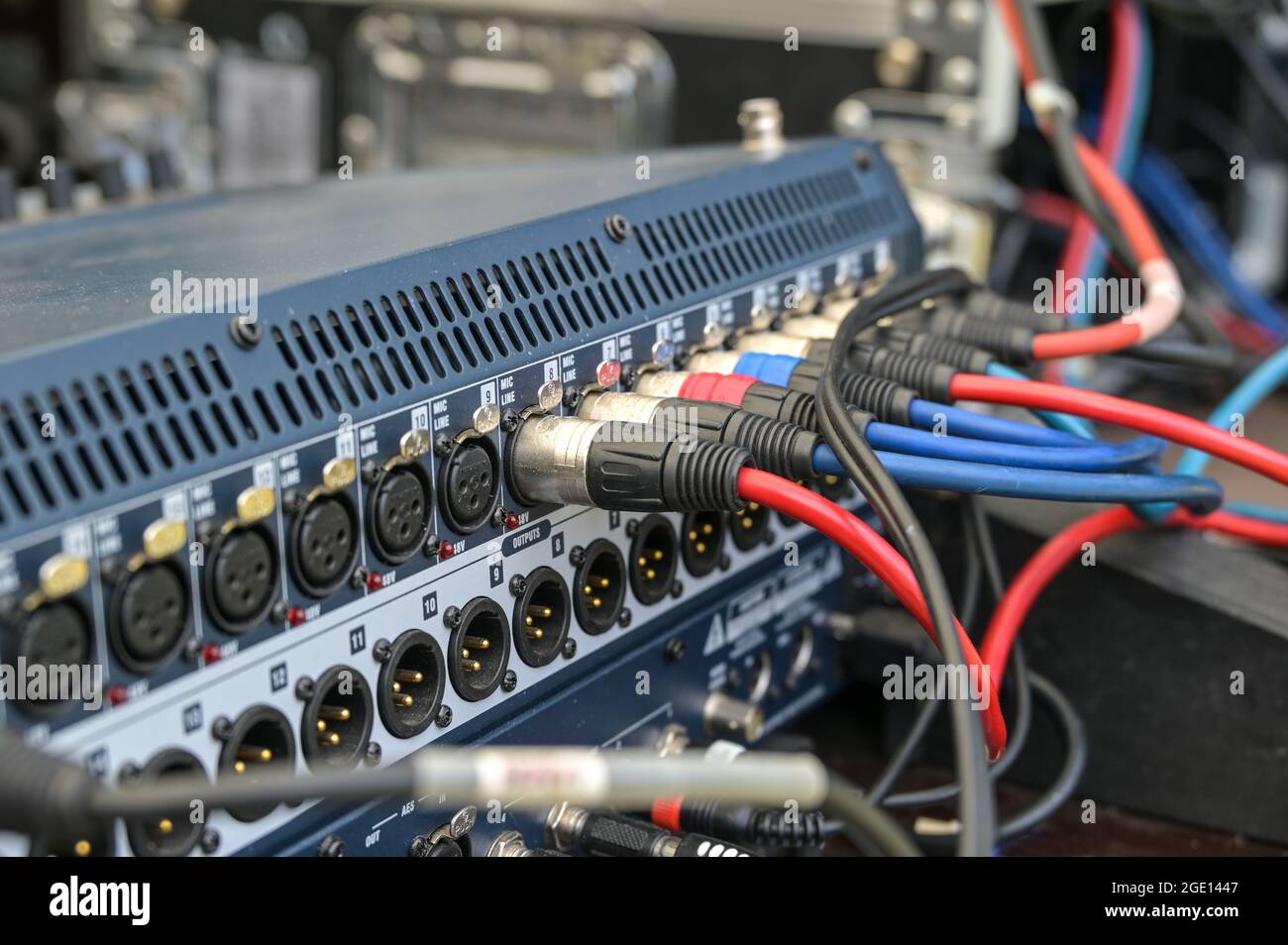 Sound cables connected in a mixing console at the soundcheck for an ...