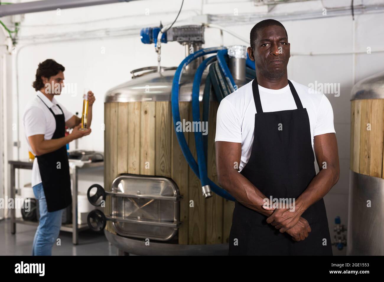 Serious man brewer standing in beer factory during work Stock Photo - Alamy