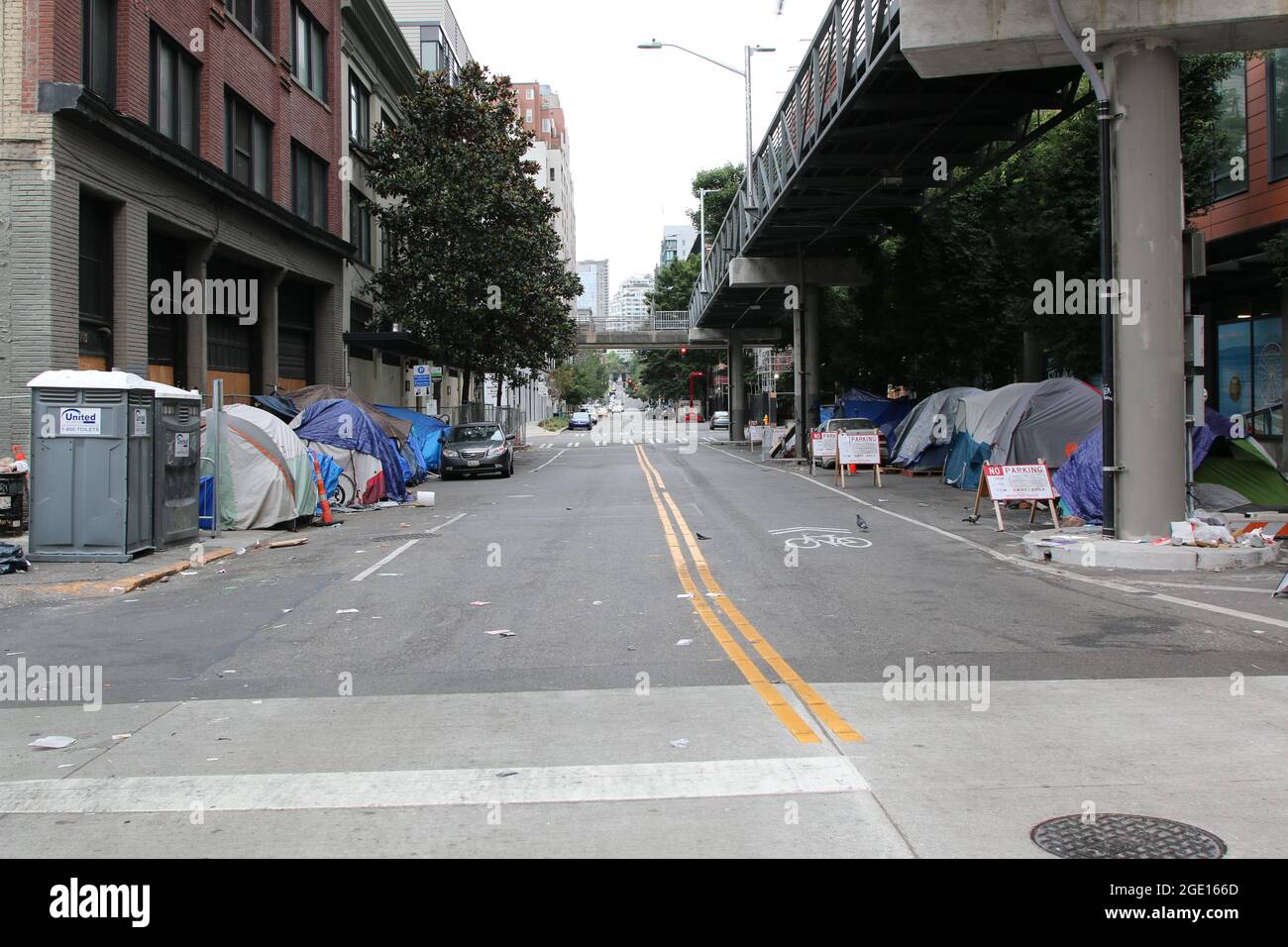 Homeless tents in the streets of Seattle Washington, under an overpass ...