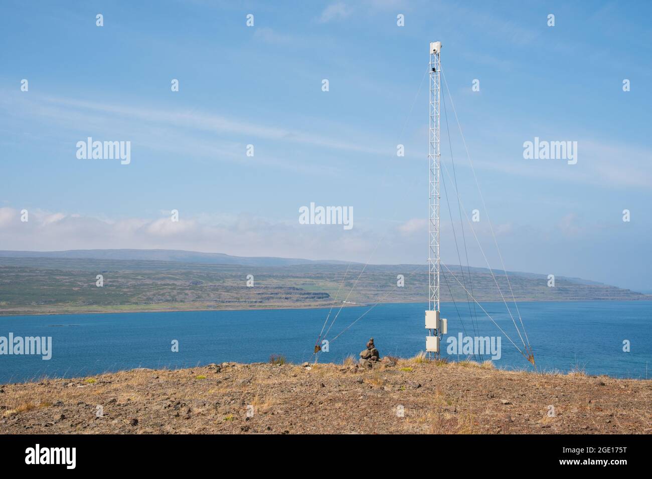 surveillance cameras on a mast near the road in Isafjordur in the ...