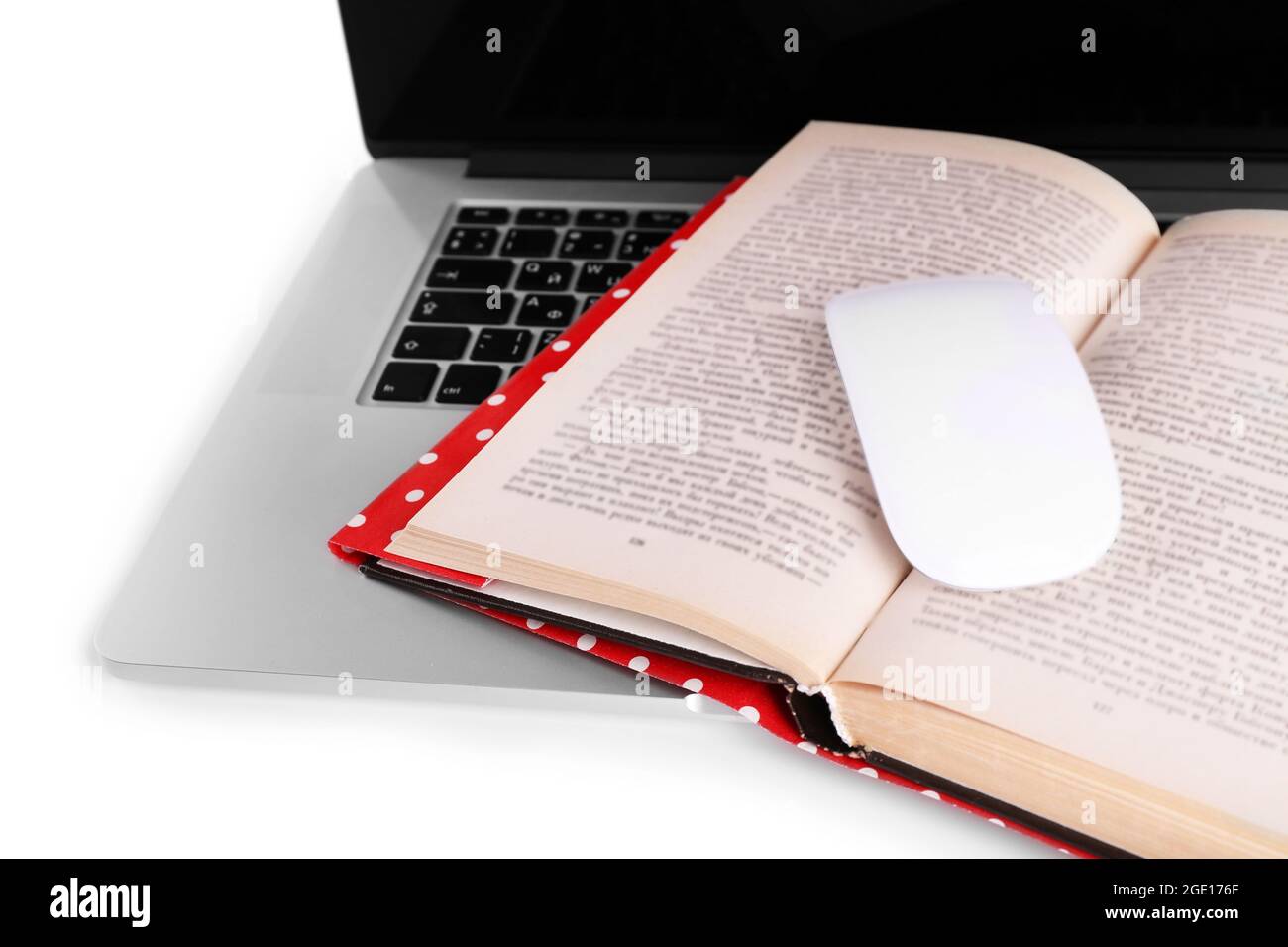 Laptop, open book and computer mouse on white background Stock Photo ...