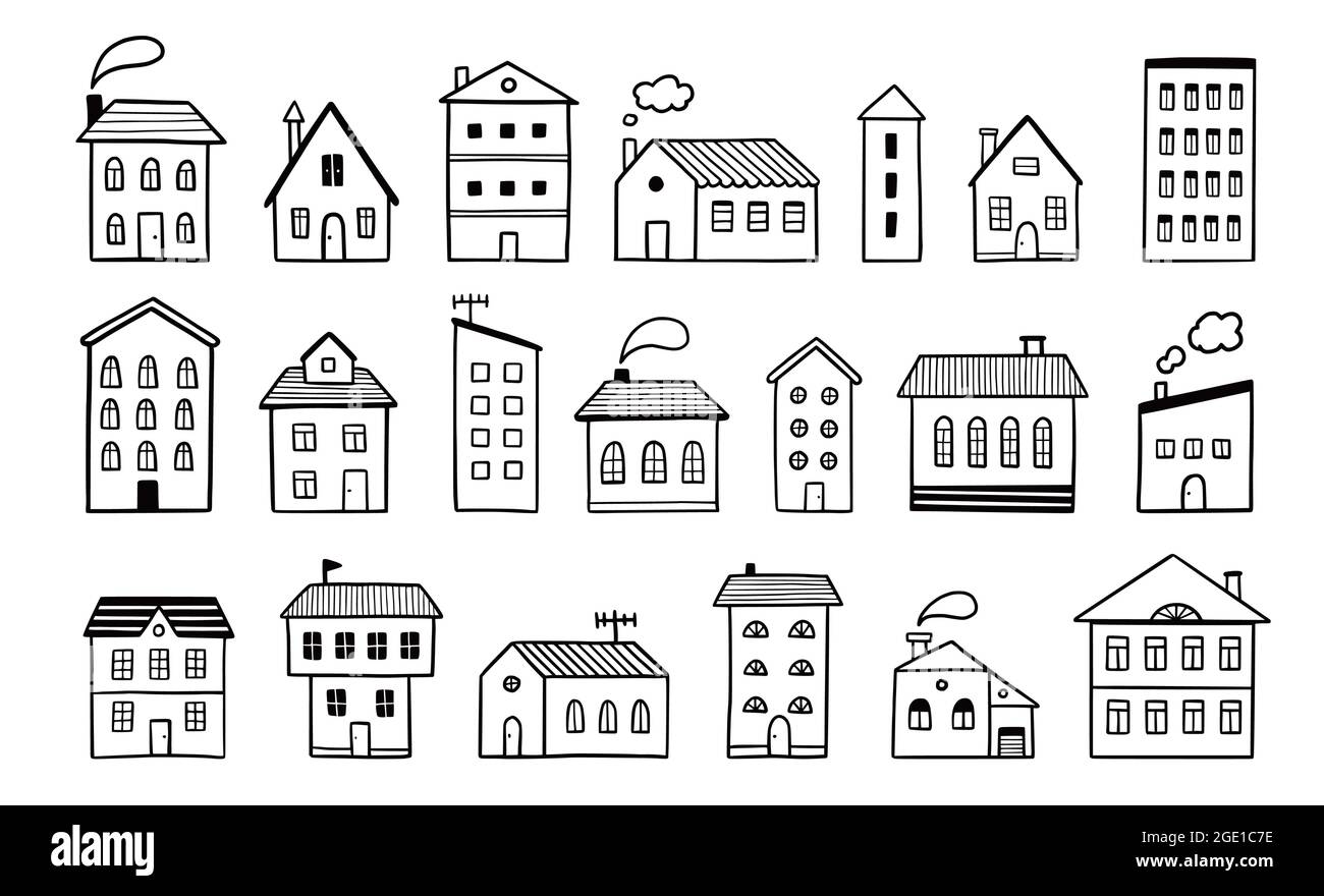 House doodle set. Hand drawn sketch style. House building with roof ...