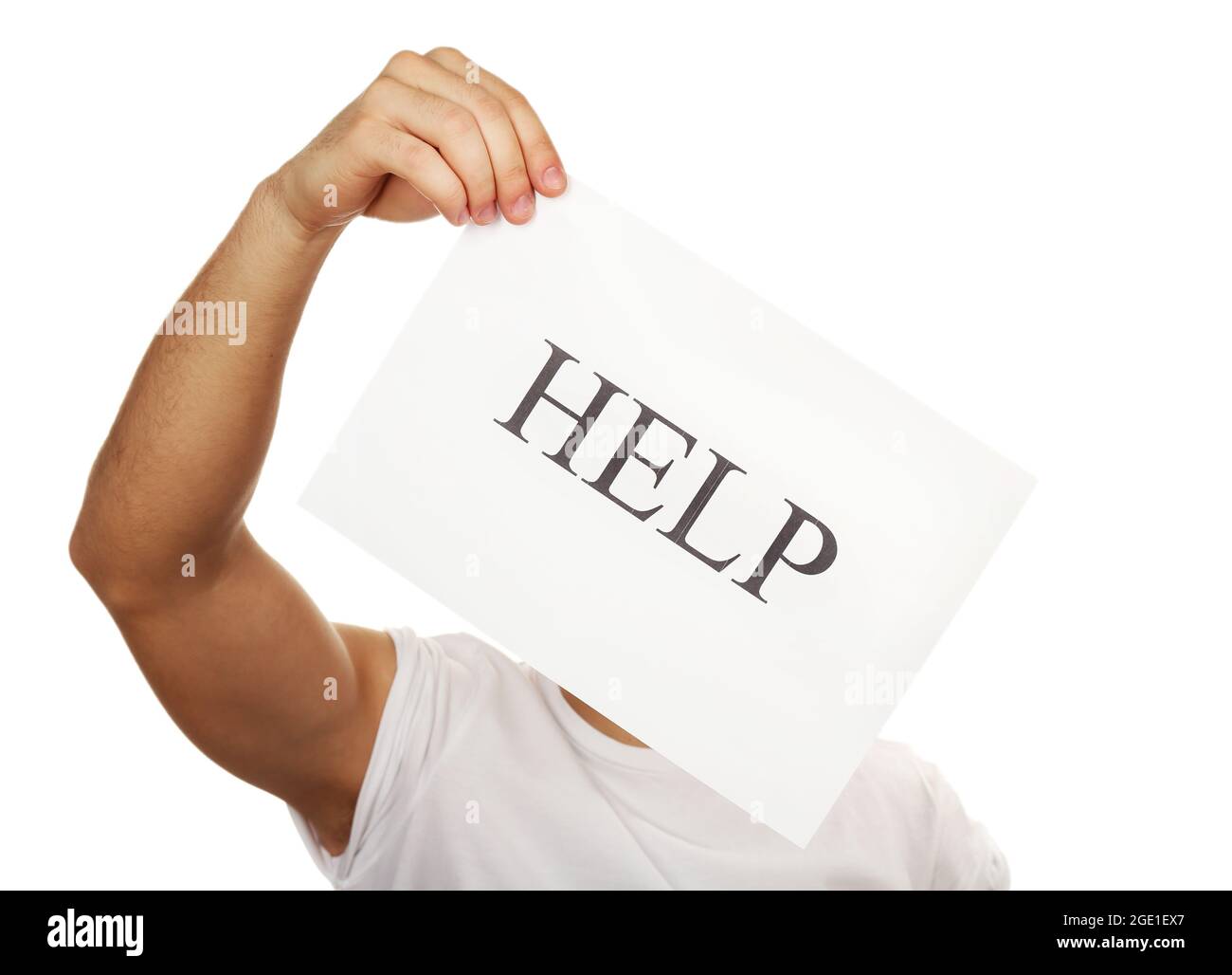 Sheet of paper with Help sign in male hand isolated on white Stock ...