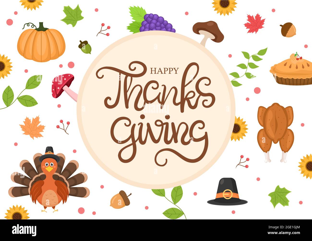Happy Thanksgiving Celebration with Cartoon Turkey, Leaves, Chicken ...