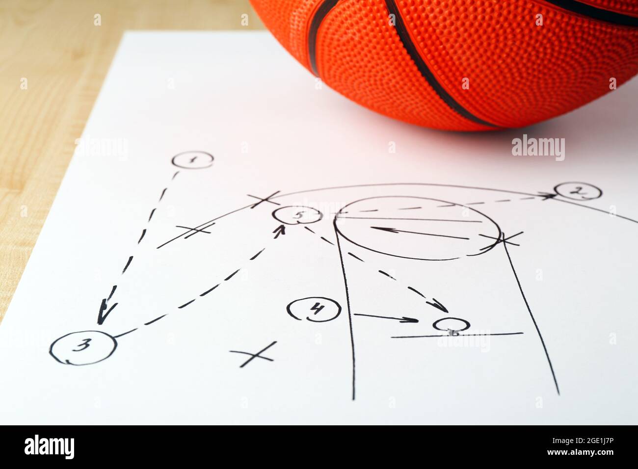 Scheme basketball game on sheet of paper with basketball on wooden ...