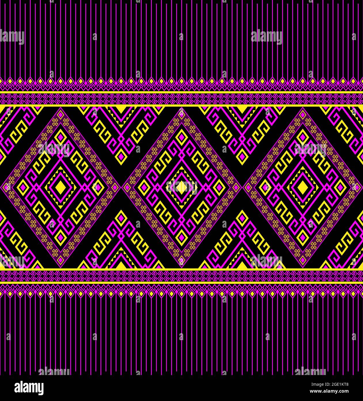 Magenta Yellow Ethnic or Native Seamless Pattern on Black Background in ...