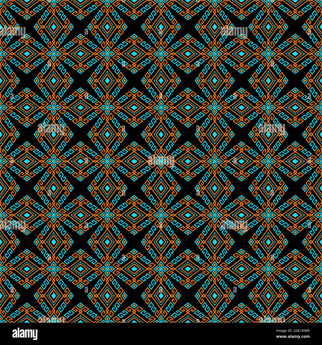 Orange Turquoise Tribal or Native Seamless Pattern on Black Background ...