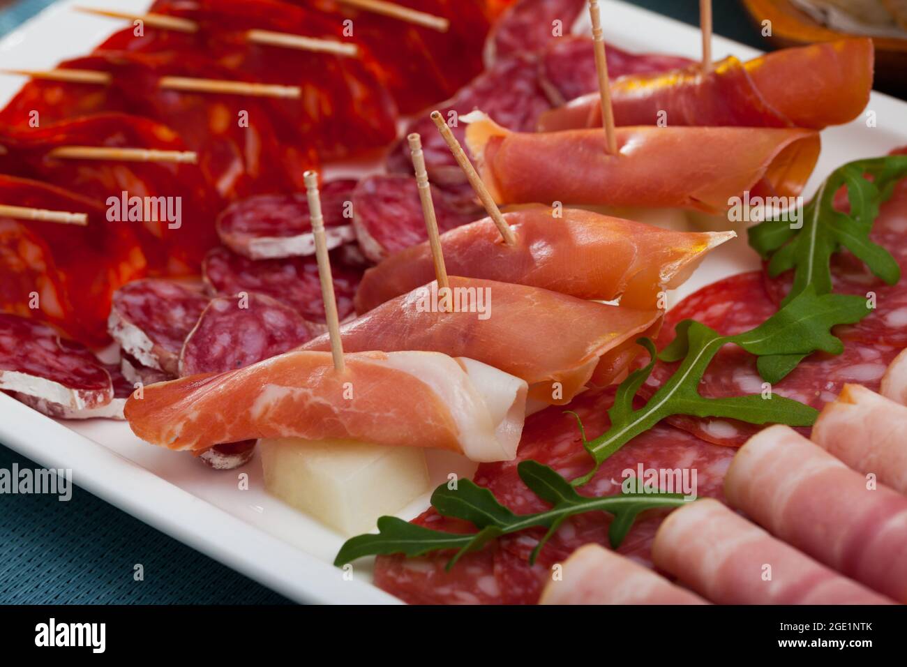 Spanish sausage sliced - chorizo, fuet, jamon, salami, bacon Stock ...
