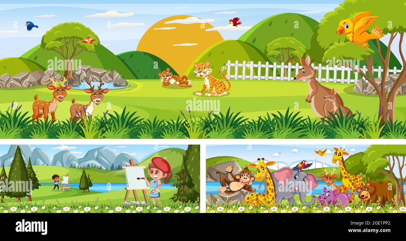 Set of different outdoor panoramic landscape scenes with cartoon ...