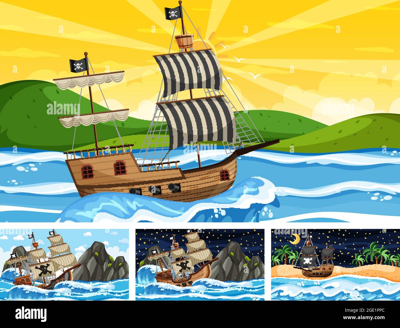 Set of ocean scenes at different times with Pirate ship in cartoon ...