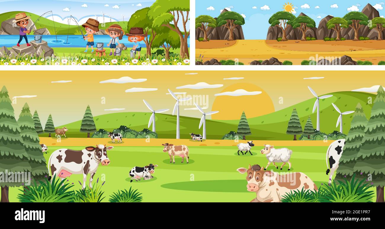 Set of different outdoor panoramic landscape scenes with cartoon ...