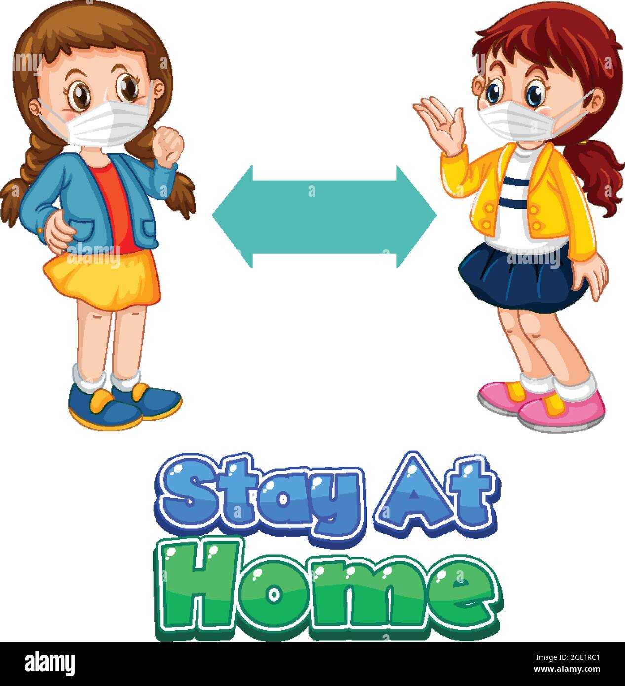 Stay At Home font in cartoon style with two kids keeping social ...