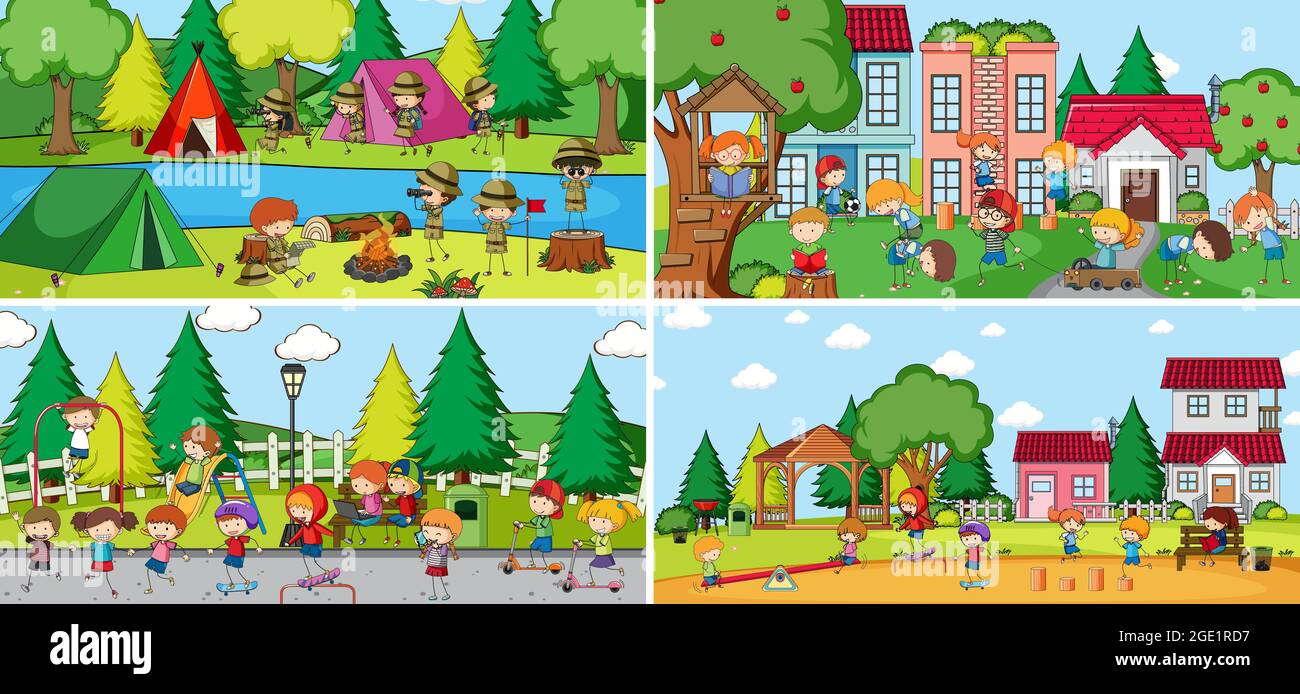 Outdoor scene set with many kids doodle cartoon character illustration ...