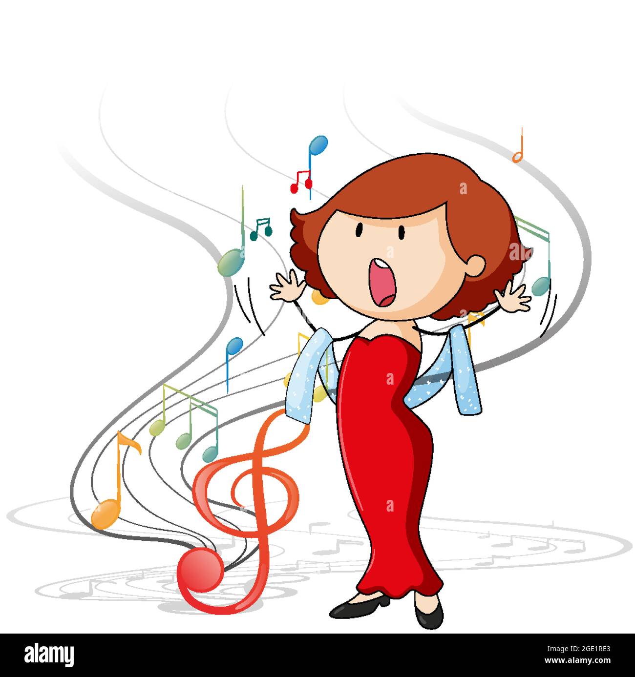 Doodle cartoon character of a singer woman singing with musical melody ...