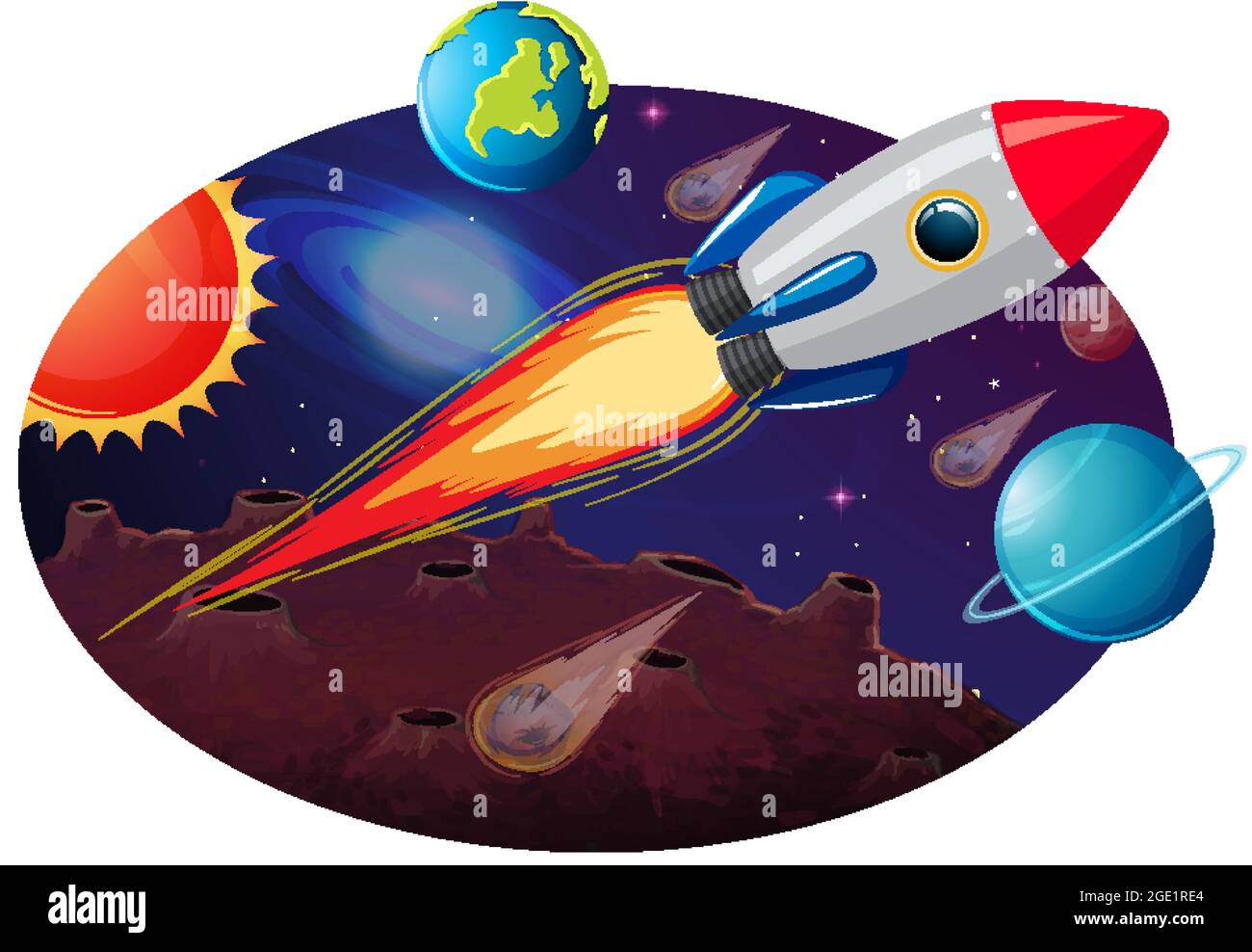 Rocket ship with many planets and asteroids illustration Stock Vector ...