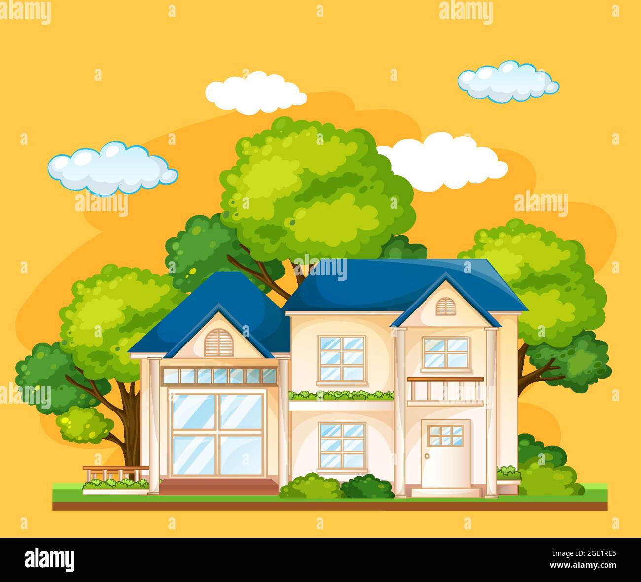 Front of a house with many tree on yellow background illustration Stock ...
