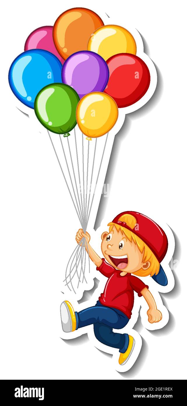 Sticker template with a boy holding many balloons isolated illustration ...