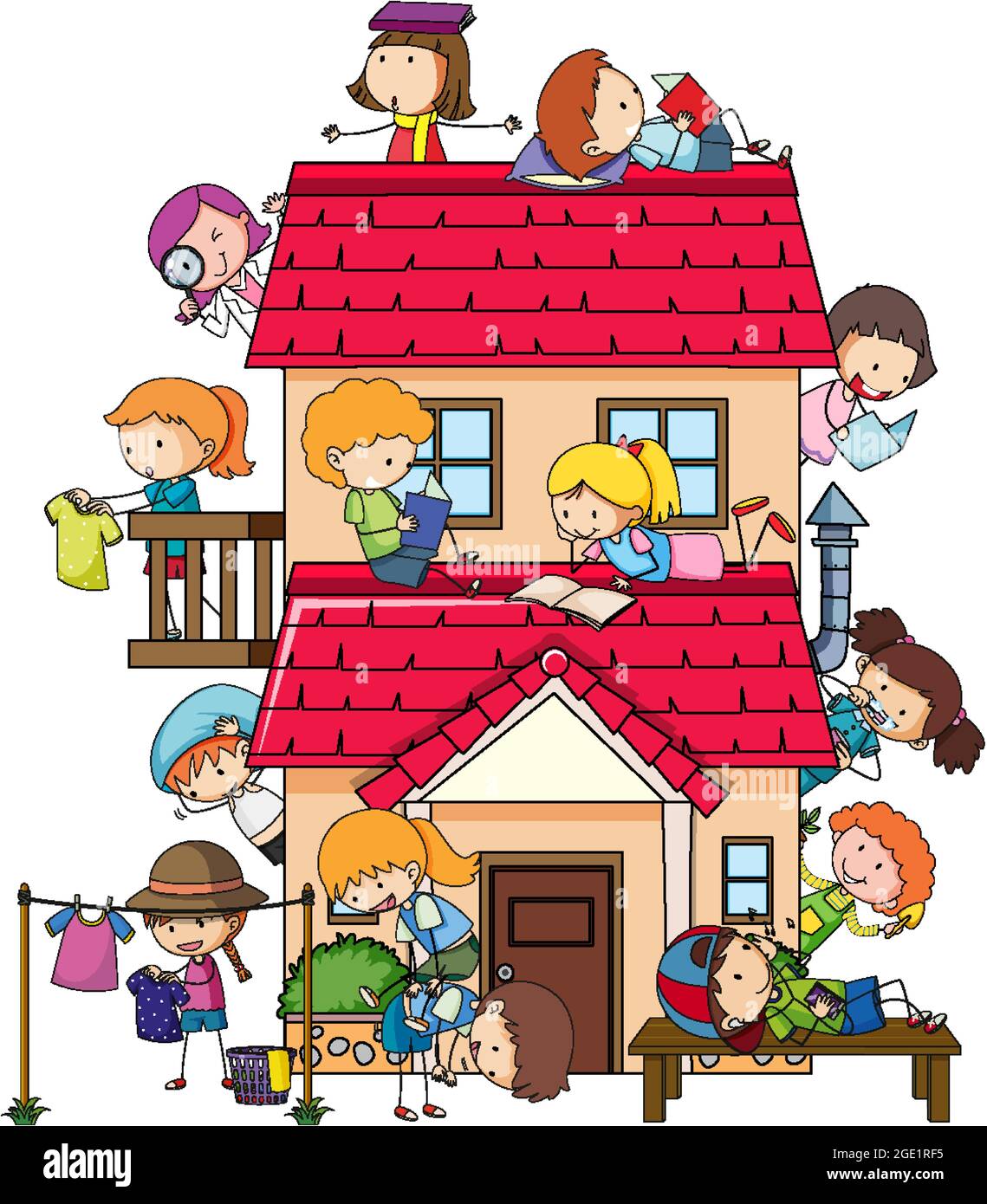 Many kids doing different activities around the house illustration ...