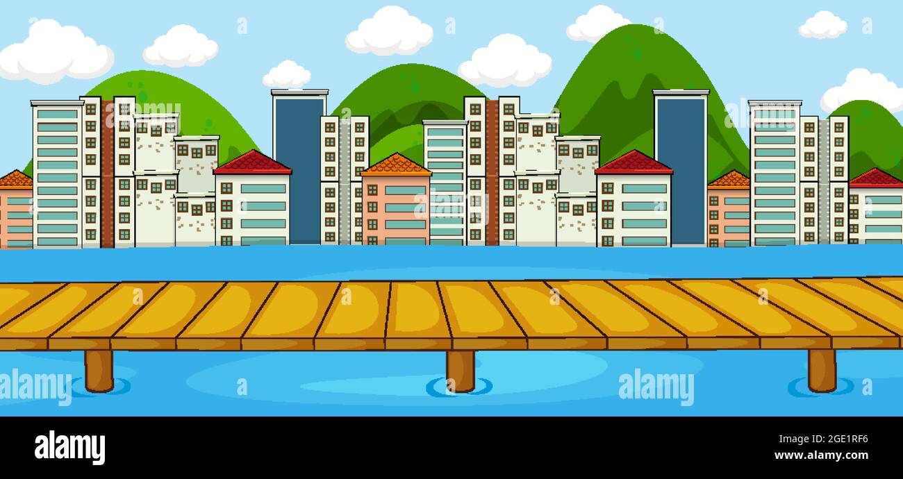 Horizontal scene with river and cityscape background illustration Stock ...