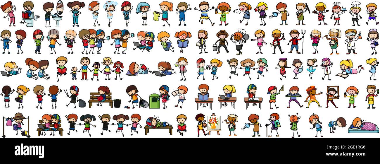 Set of different doodle kids cartoon character illustration Stock ...