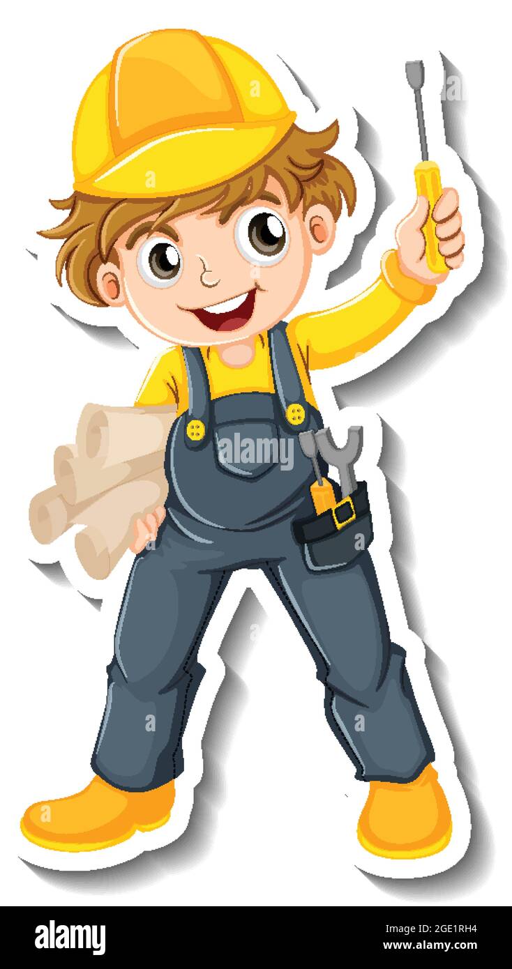 Sticker design with auto mechanic cartoon character illustration Stock ...