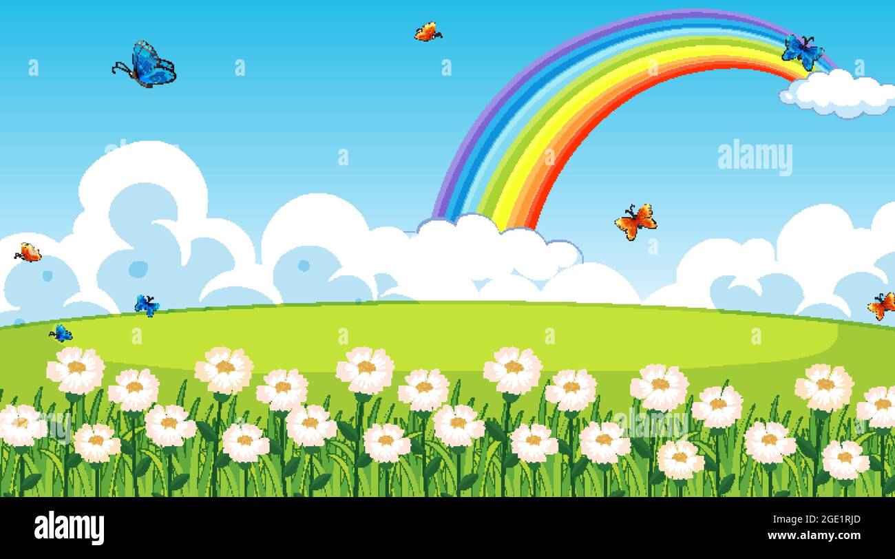 Nature park scene background with rainbow in the sky illustration Stock ...