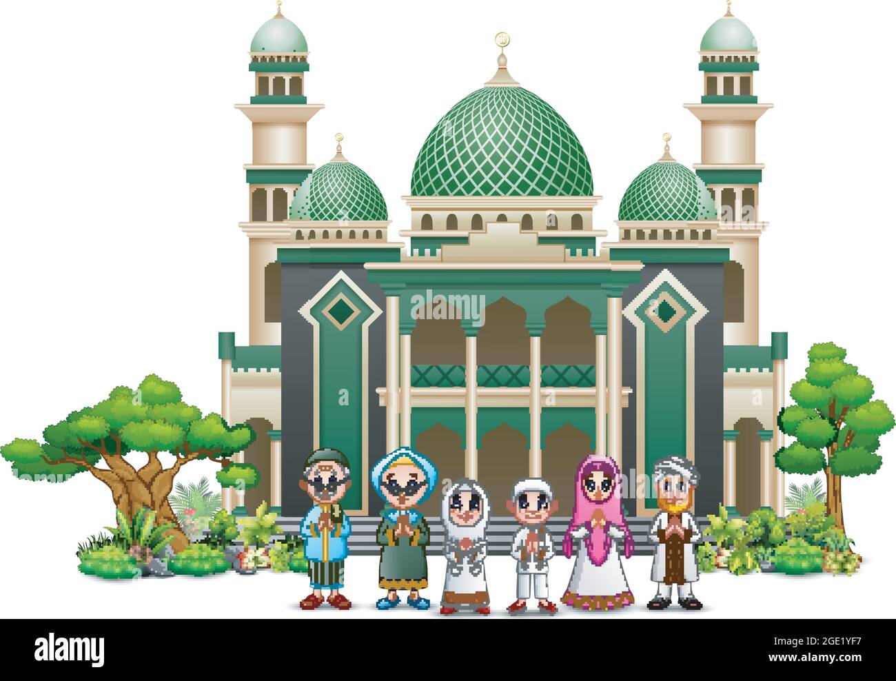 Happy Islamic kids cartoon playing in front of a mosque Stock Vector ...