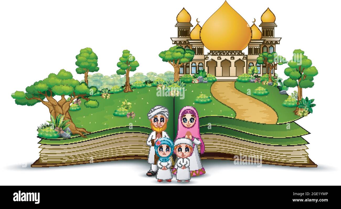 open book with a group of muslim people in the front islamic mosque ...