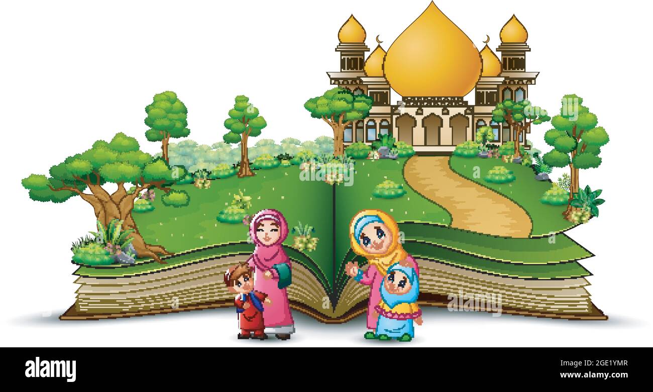 open book with a group of muslim people in the front islamic mosque ...