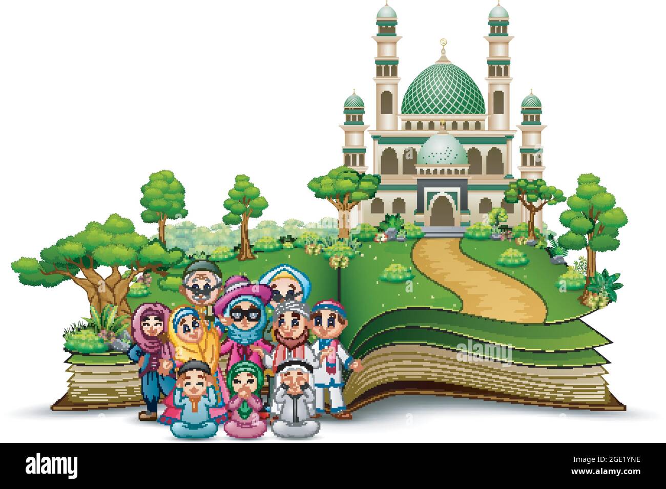 Open book with Happy Muslim Family in front of a mosque Stock Vector ...