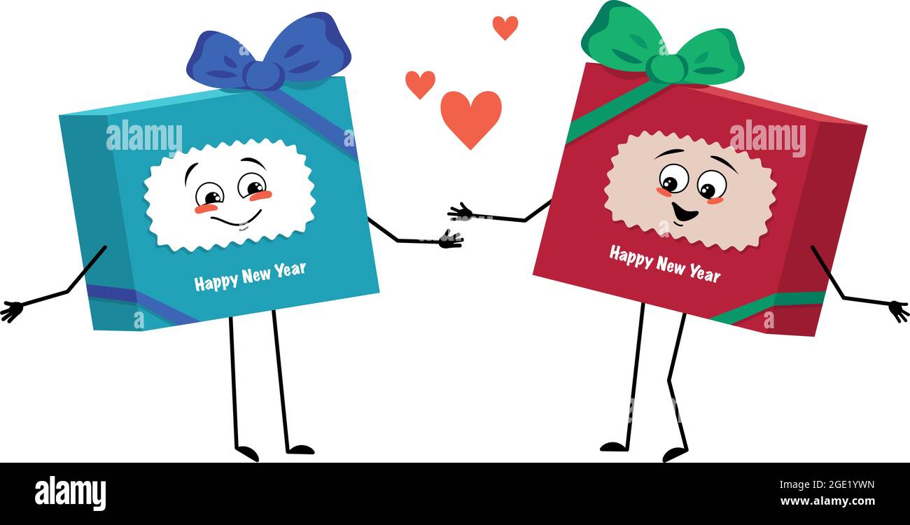 Cute character gift box for new year with bow and with love emotions ...