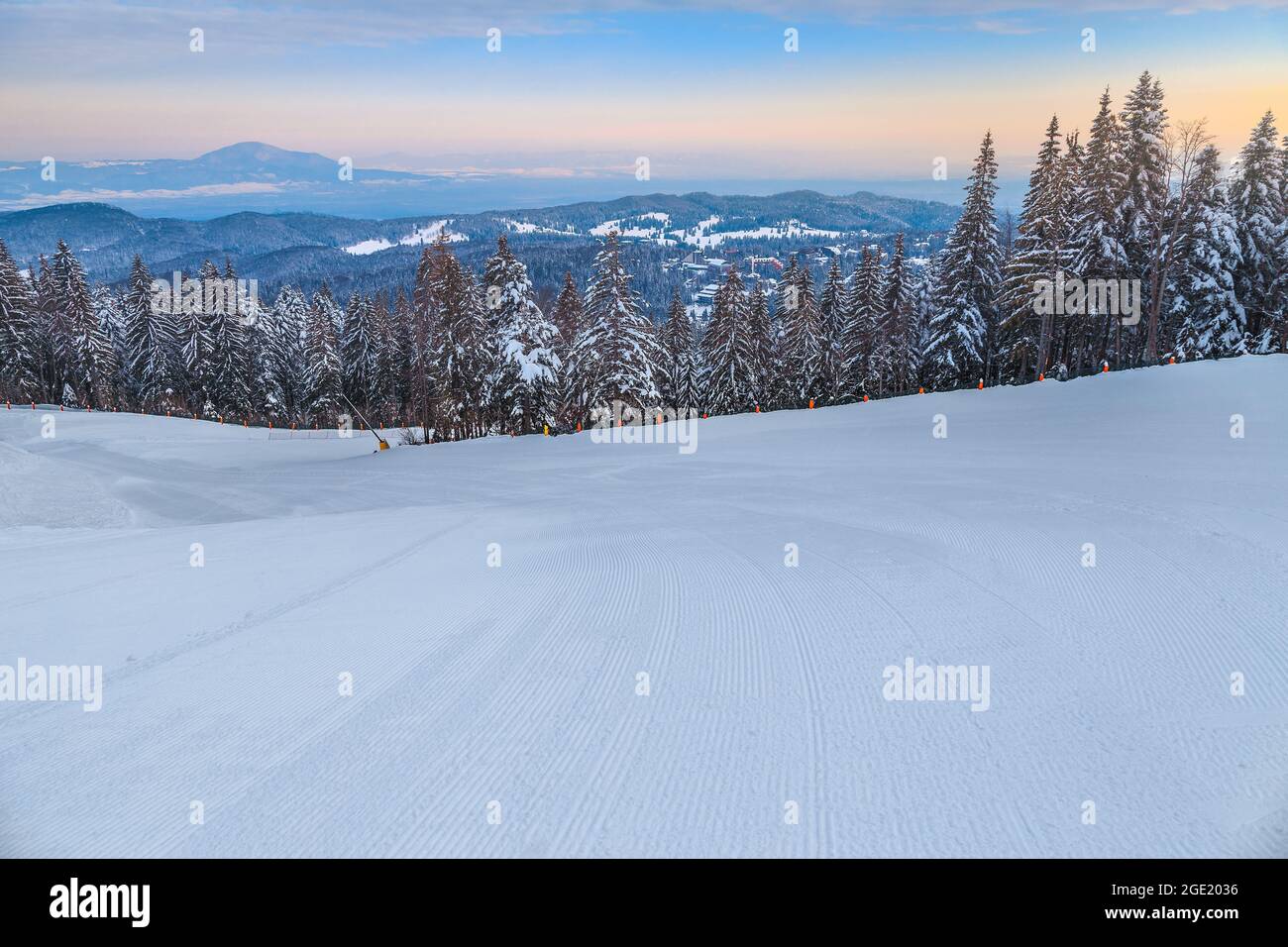 Amazing snow covered pine trees and magical empty winter ski resort at ...