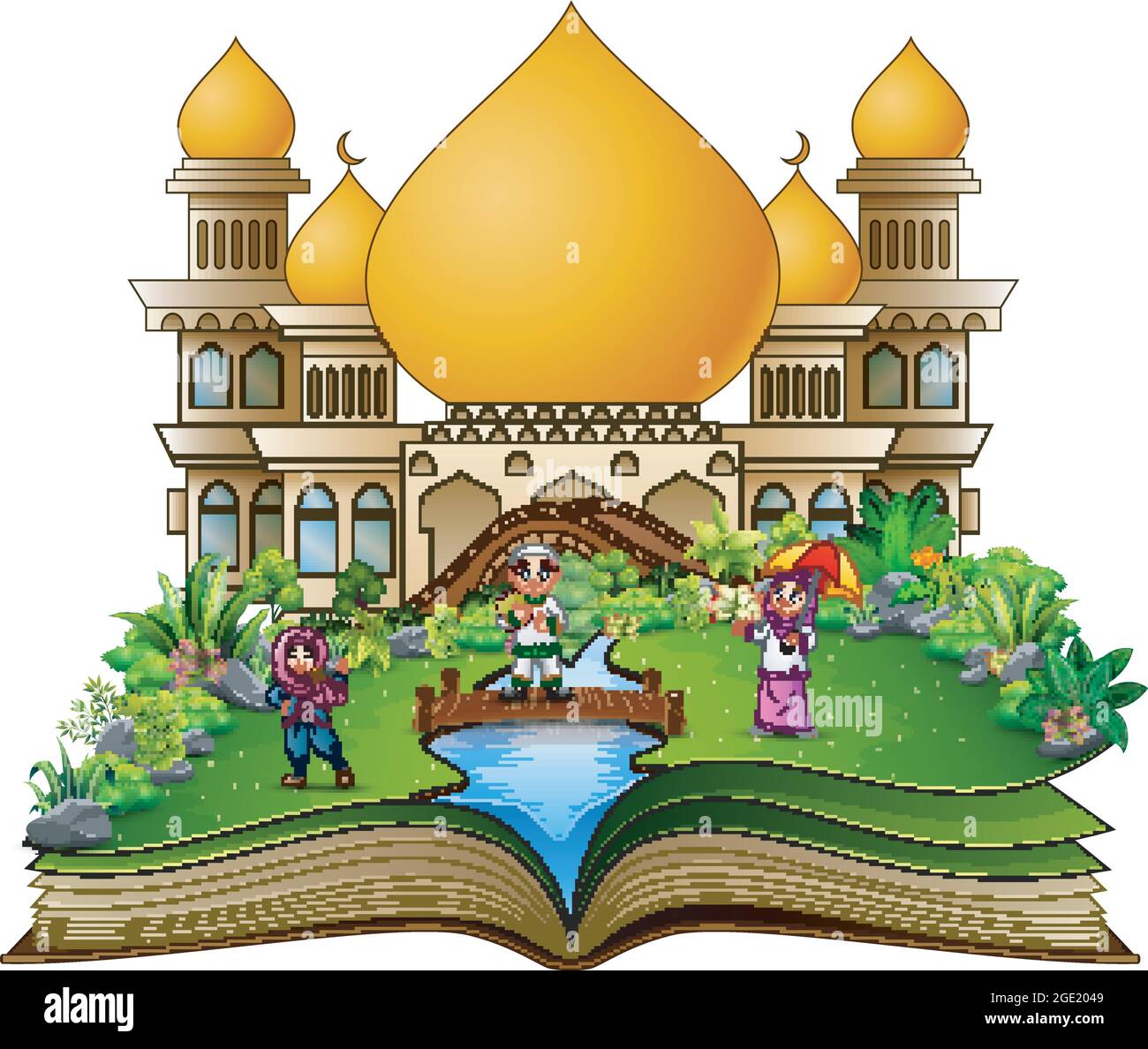 Open book with a group of muslim people in the front islamic mosque ...